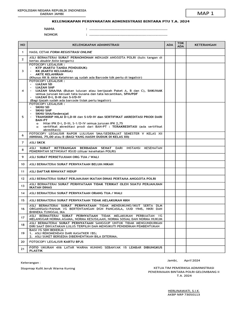 Lembar Ceklist Map 1-5 Bintara Ptu Ta 2024 | PDF