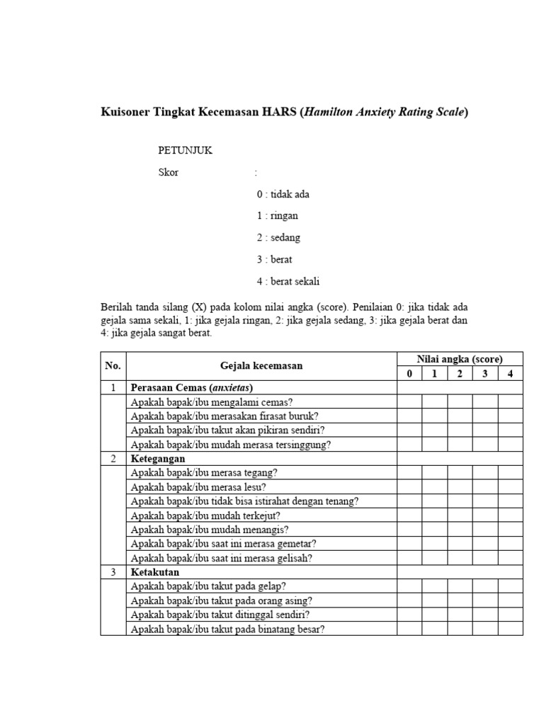 Kuisoner Kecemasan dan Nyeri HARS NRS | PDF | Pengembangan Diri | Gaya ...