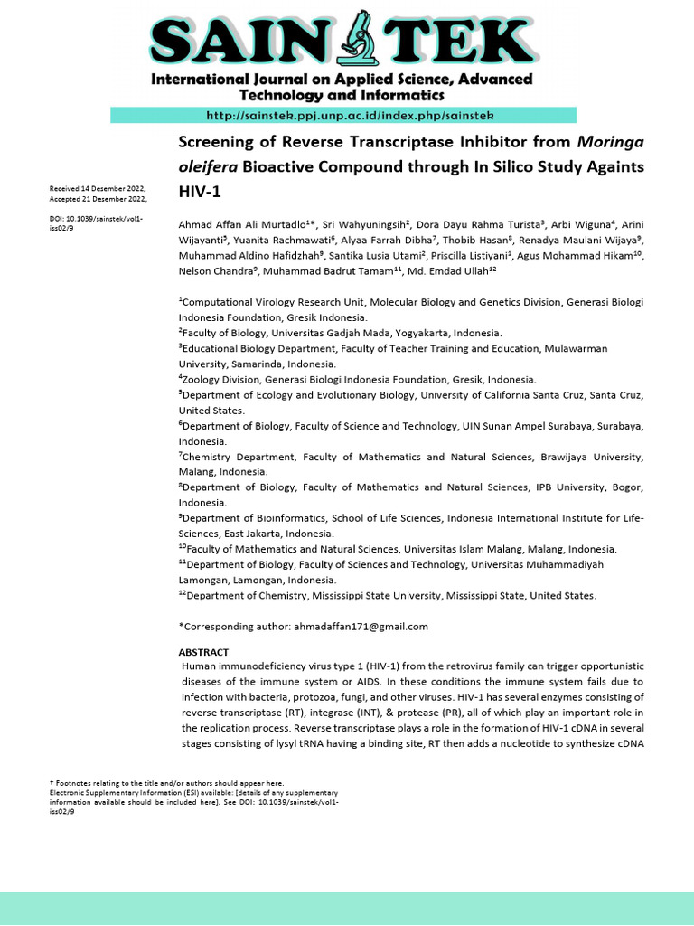 Screening of Reverse Transcriptase Inhibitor From Moringa Oleifera ...