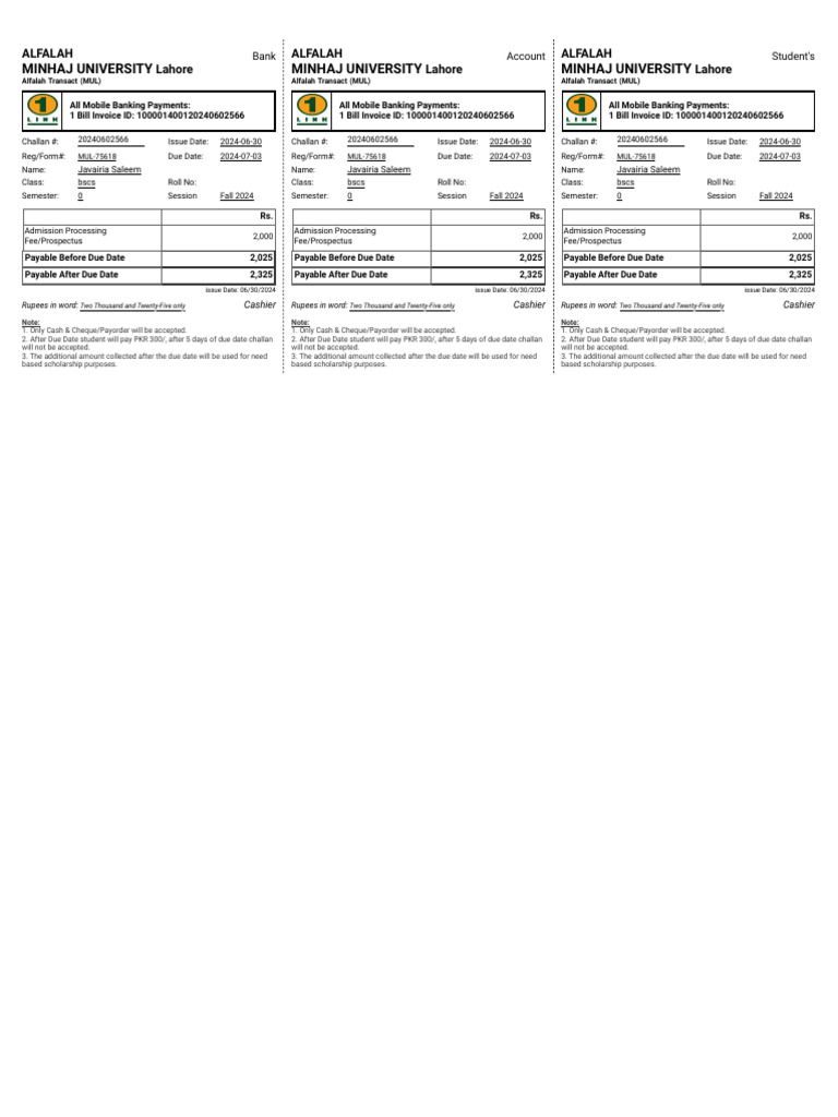 Fee Challan 20240602566 - Minhaj University Lahore | PDF | Cheque ...