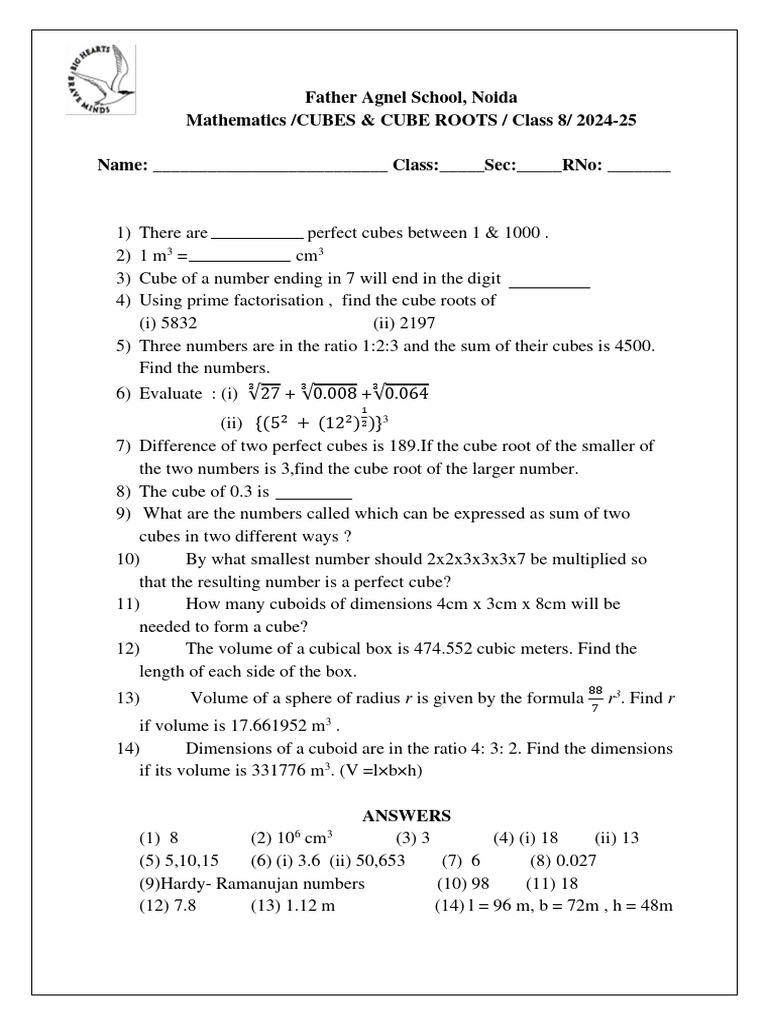 Cube&Cube Roots Worksheet | PDF