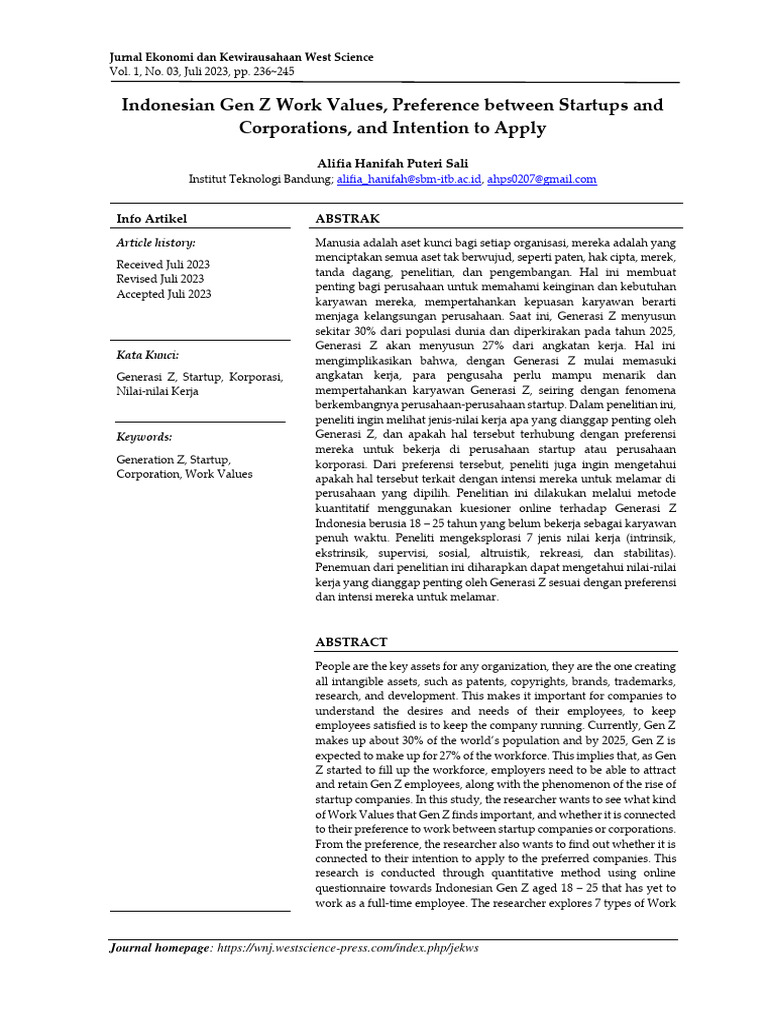 Indonesian Gen Z Work Values, Preference Between Startups and Corporations, and Intention To ...