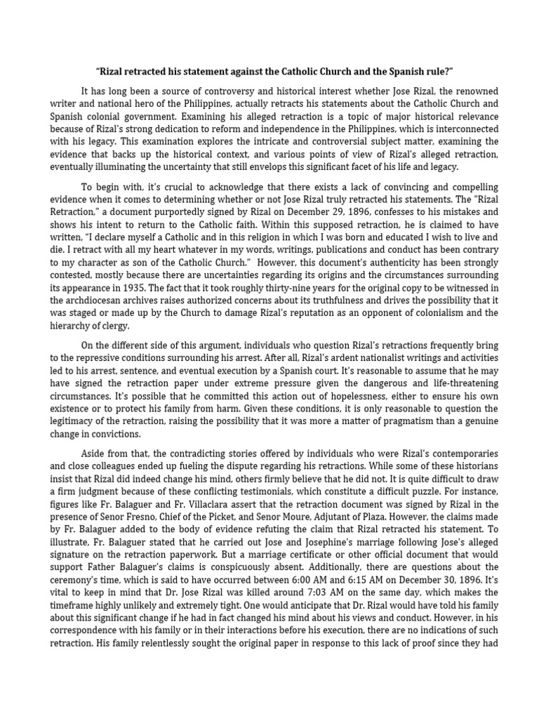 Rizal's Alleged Retraction Controversy | PDF | Catholic Church
