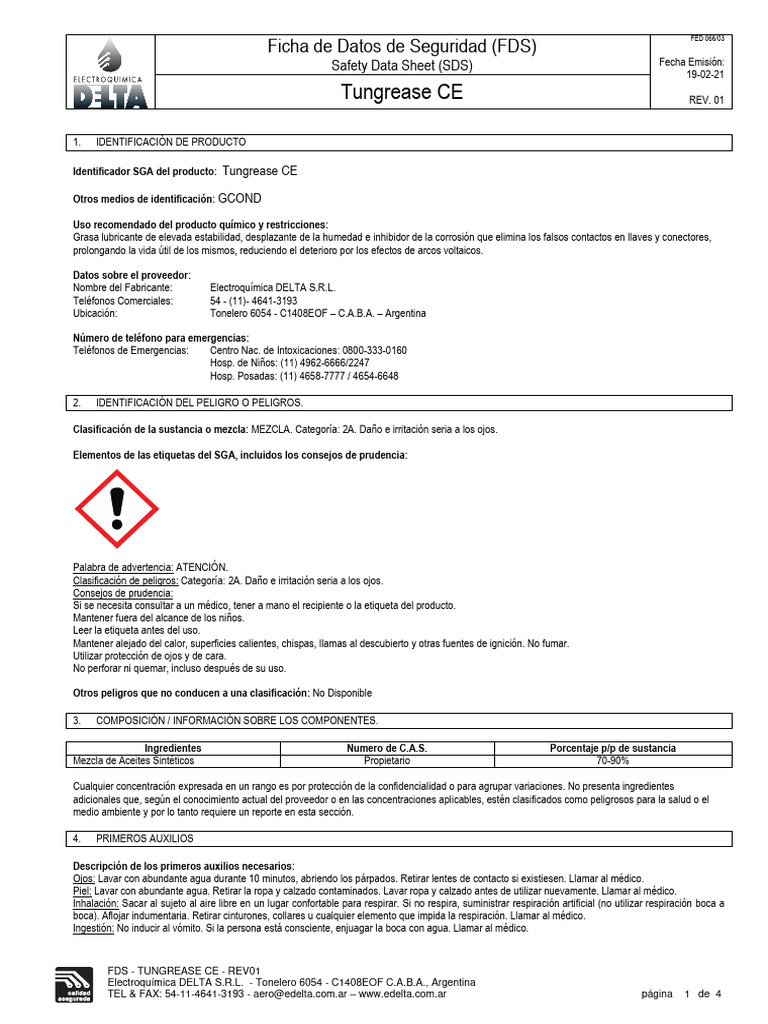 Tungrease CE: Ficha de Datos de Seguridad (FDS) | PDF | Agua | Residuos
