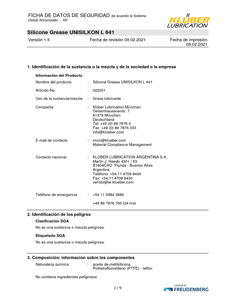 Ficha de Seguridad Silicone Grease UNISILKON L 641 | PDF | Toxicidad | Agua