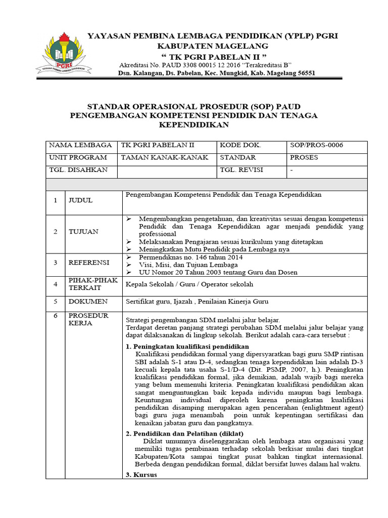 Standar Operasional Prosedur (Sop) Paud | PDF