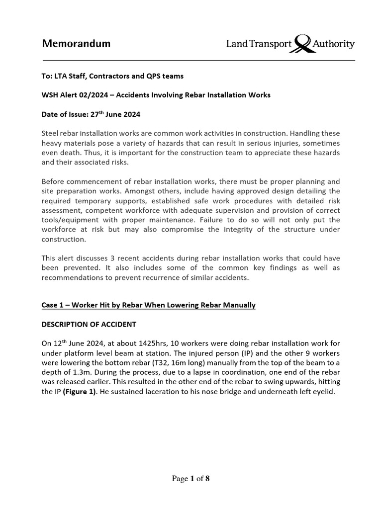 WSH Alert 2 2024 Accidents Involving Rebar Installation Works | PDF ...