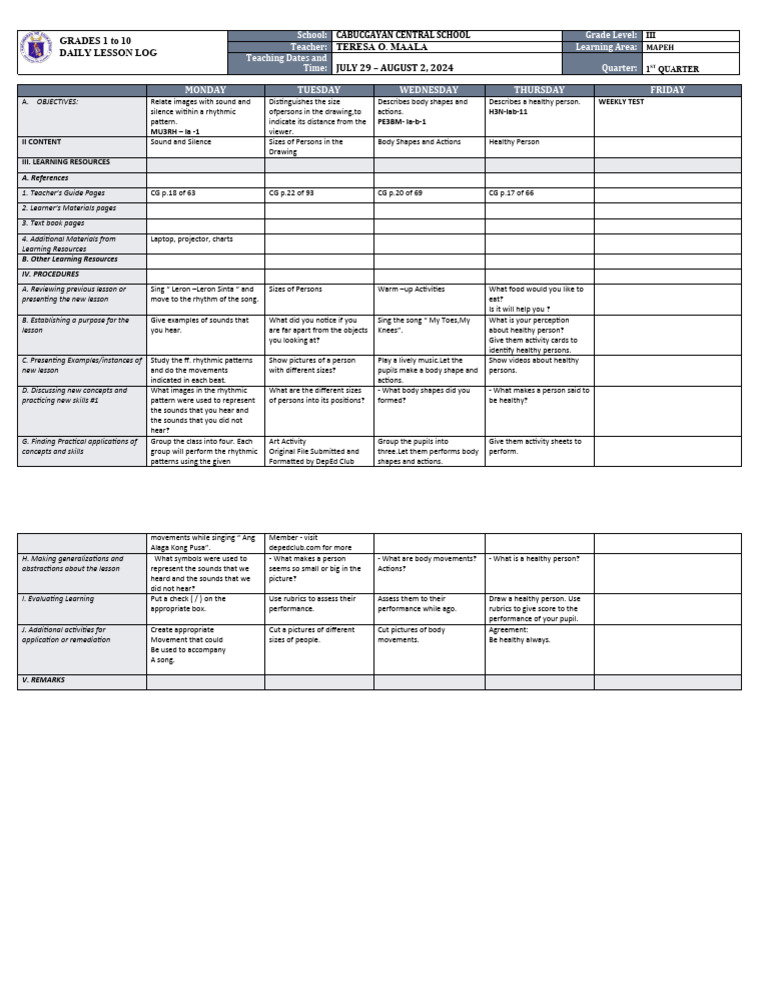 DLL - Mapeh 3 - Q1 - W1 | PDF | Learning | Human Communication