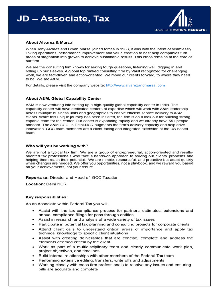 Alvarez & Marsal JD - Associate, Taxation | PDF | Consultant | Taxes