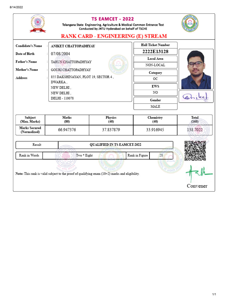 Ts Eamcet22 - Rank Card | PDF