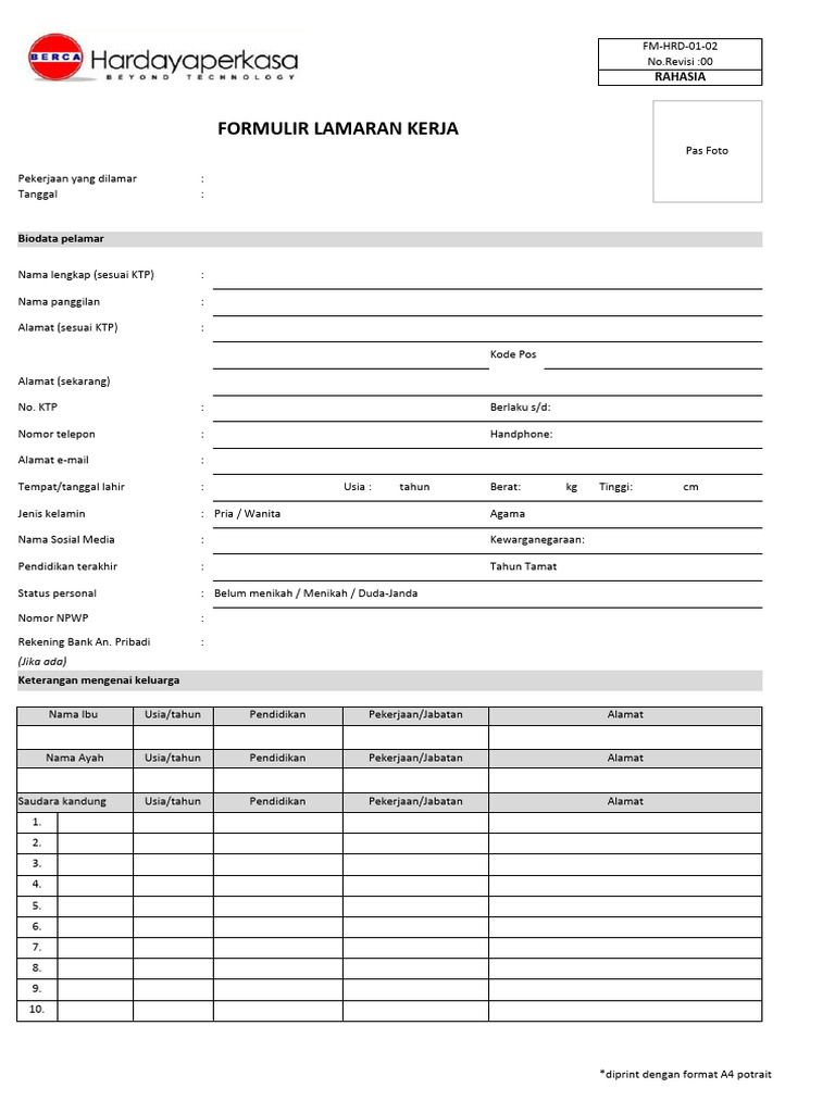 Form Lamaran Kerja BHP | PDF