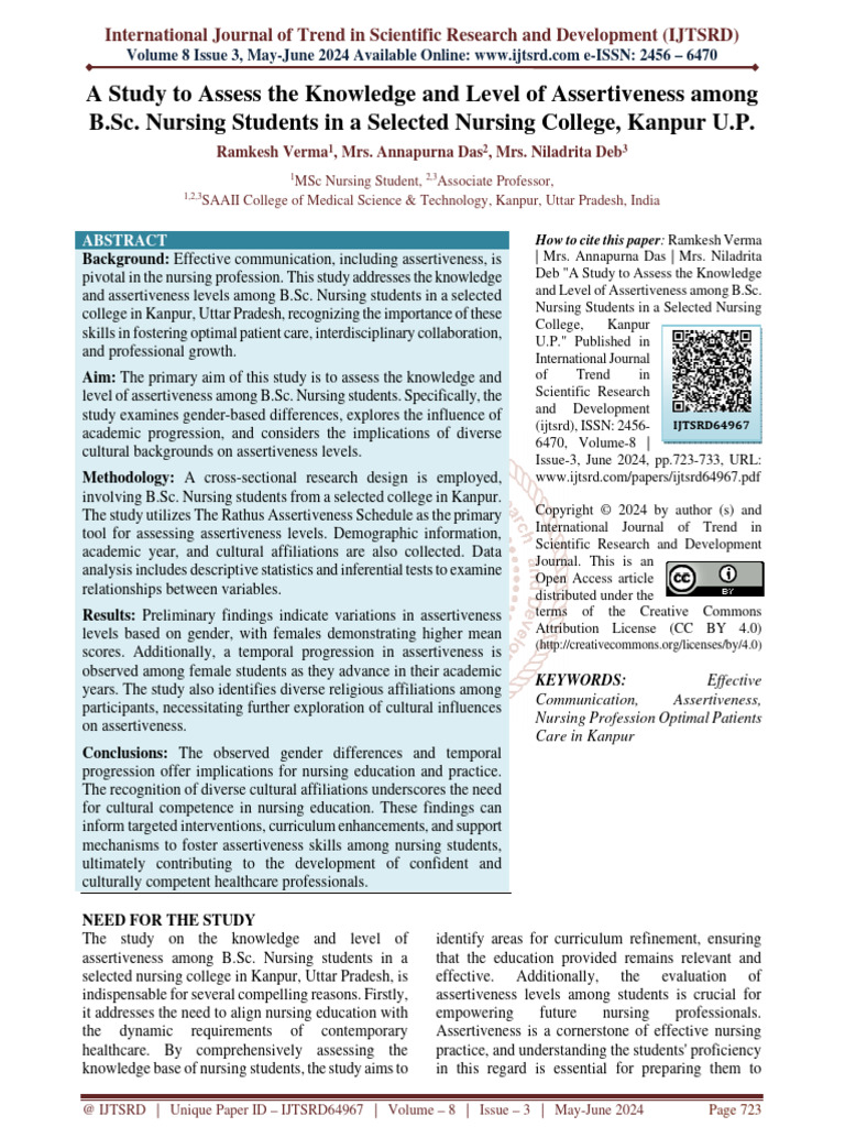 A Study To Assess The Knowledge and Level of Assertiveness Among B.Sc ...