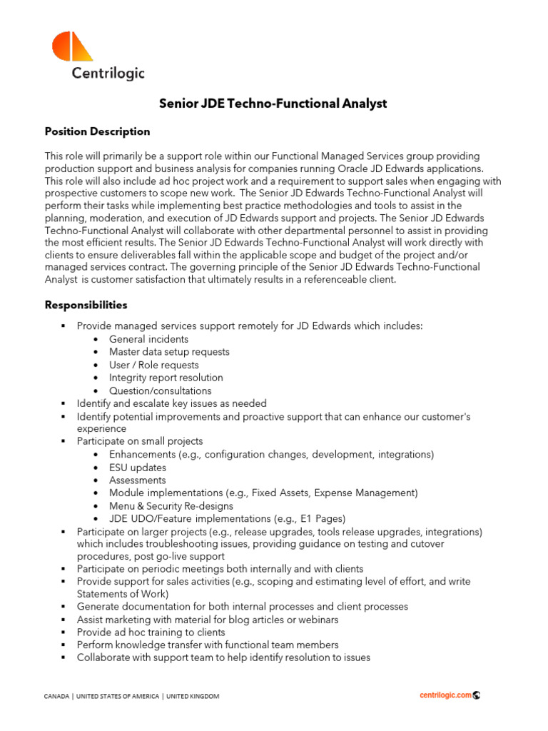 JD - Senior JDE Techno-Functional Analyst | PDF | Depreciation | Sales