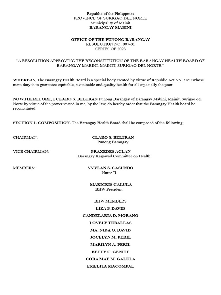 Barangay Health Board RESOLUTION | PDF | Governance | Justice