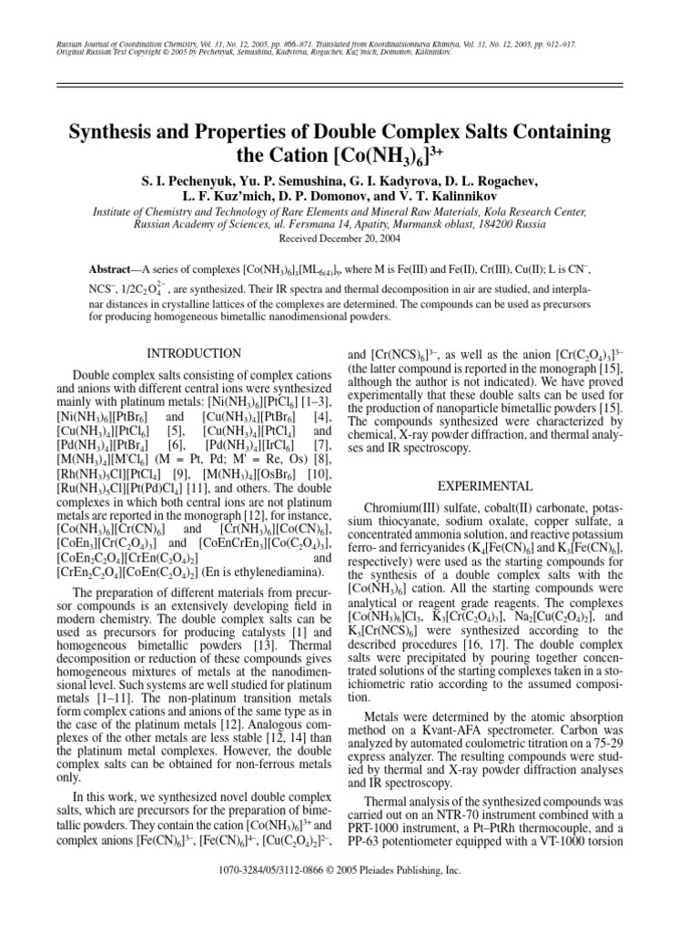Synthesis and Properties of Double Complex Salts Containing | PDF ...