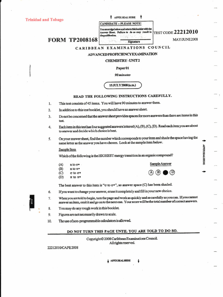 Cape Chemistry U2 P1 May-June 2008 TT With Answers | PDF