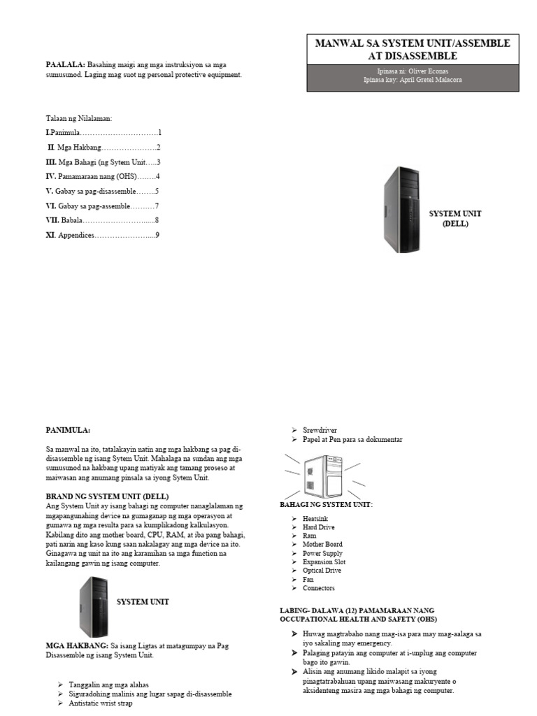 Manwal Sa System Unit/Assemble at Disassemble: Sumusunod. Laging Mag ...