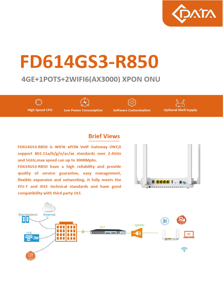 Cdata Xpon Onu fd614gs3 r850 4ge 2wifi6 Ax3000 1pots Datasheet v4.0 ...
