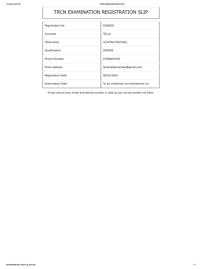 TRCN Registration Slip Rachael | PDF