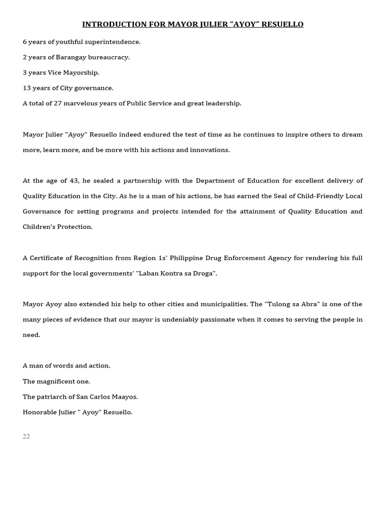 Mayor Ayoy Introduction | PDF