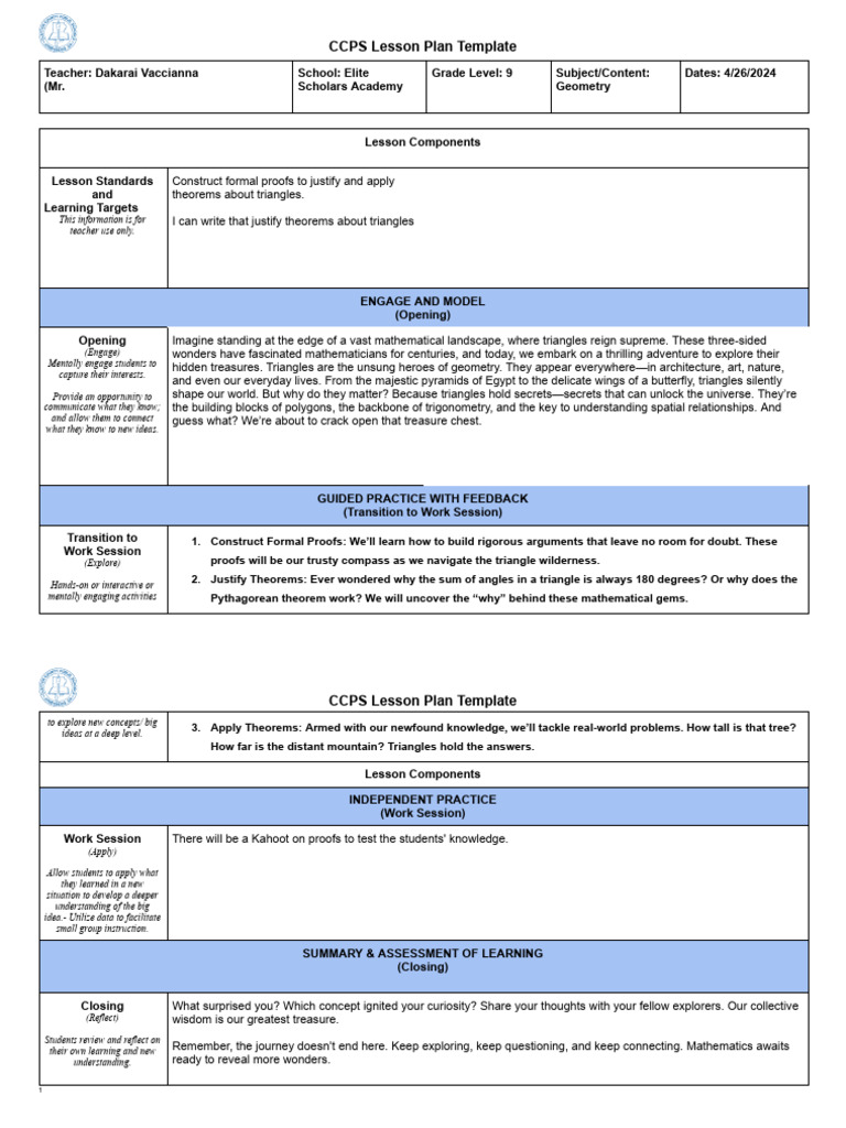 CCPS Lesson Plan Template | PDF | Mathematical Proof | Triangle