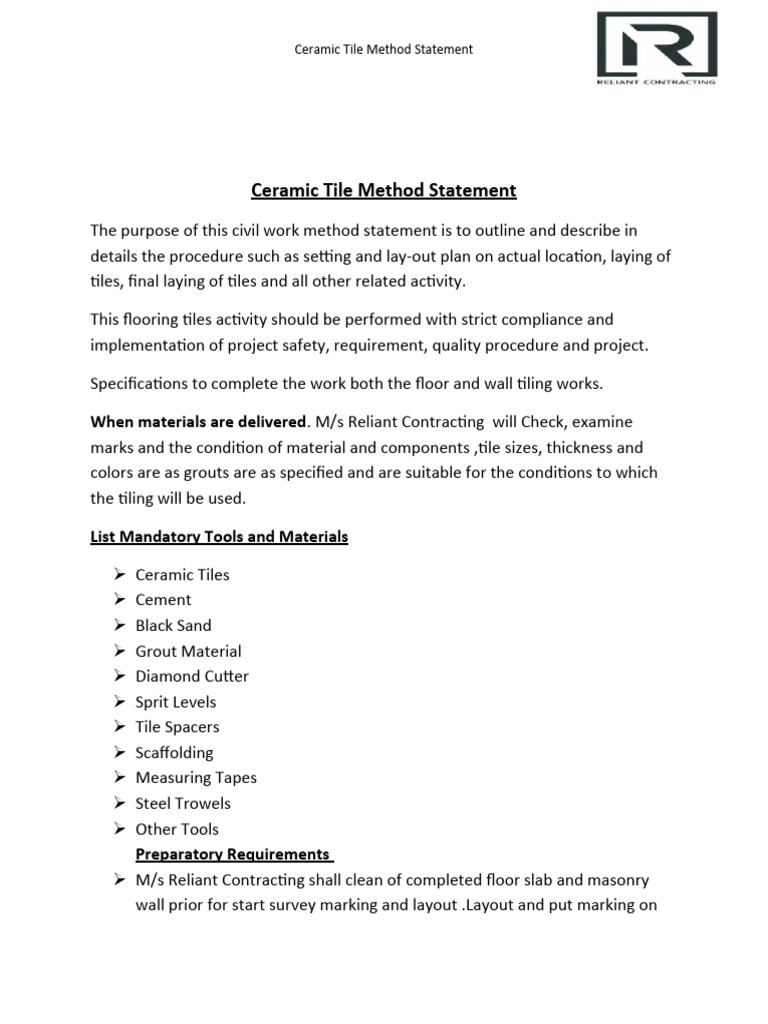 Ceramic Tile Method Statement | PDF | Tile | Pipe (Fluid Conveyance)