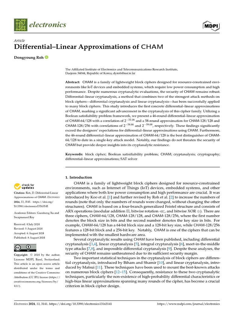 Differential-Linear Approximations of CHAM | PDF | Cryptanalysis ...