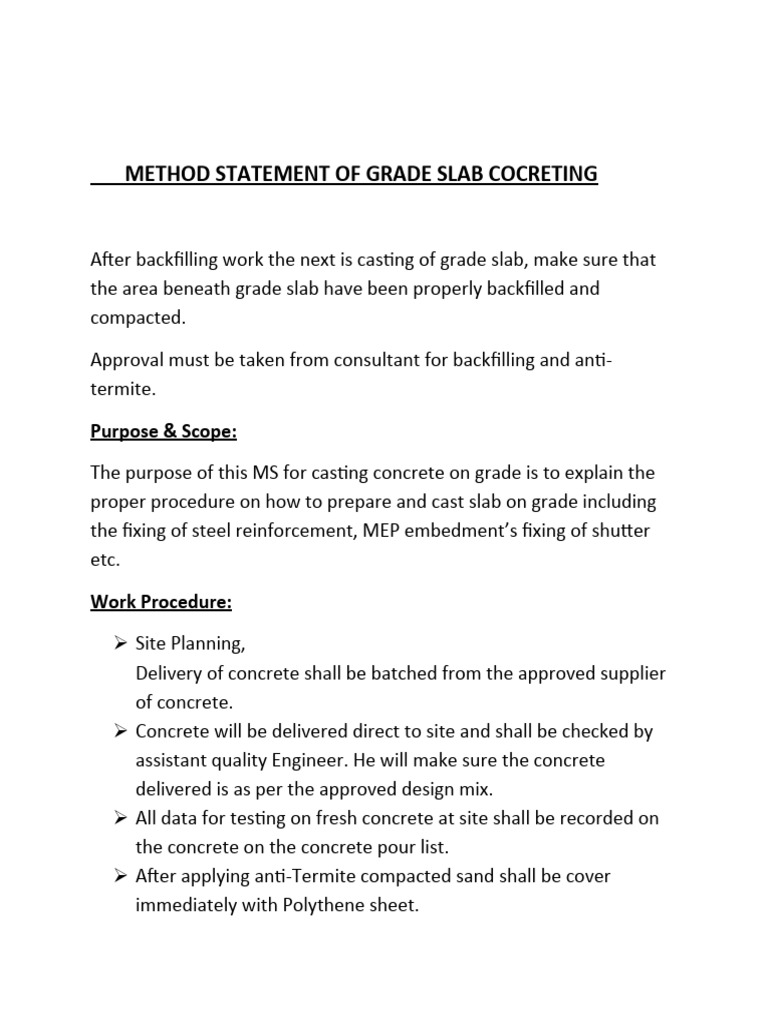 Method Statement of Grade Slab Concreting | PDF | Concrete | Building ...