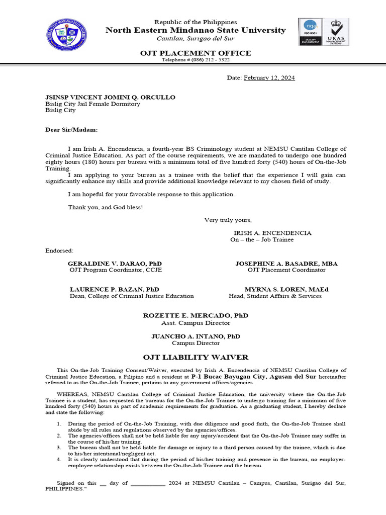 OJT Application and Consent Form for Criminology | PDF