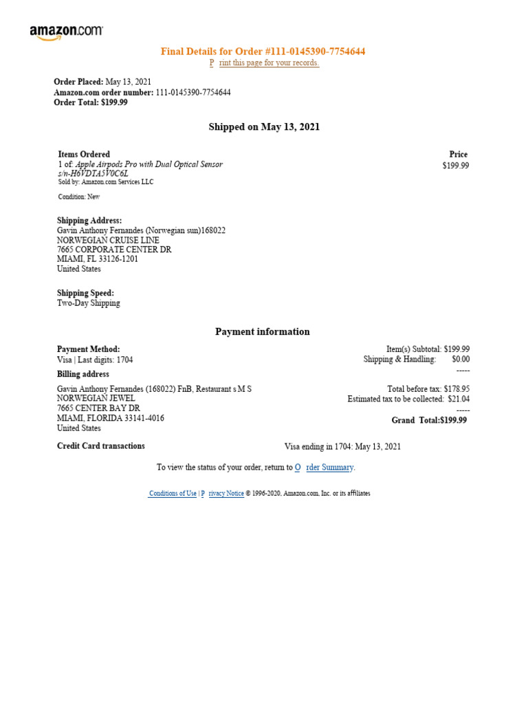 Airpod Pro Amazon USA Invoice | PDF