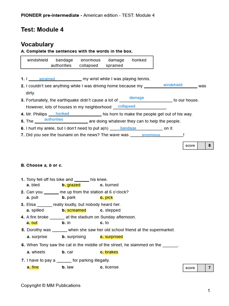 Pioneer Pre Intermediate Tests Module 4 - Compress | PDF