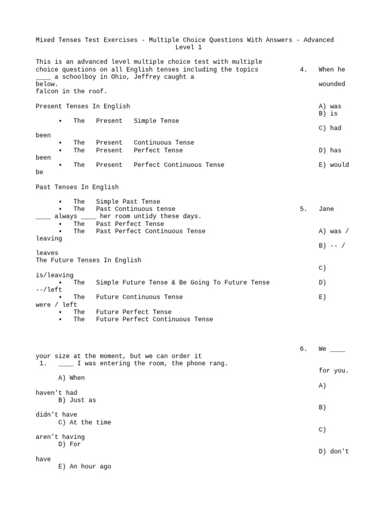 500 Mixed Tenses Test Exercises Multiple Choice Questions With Answers ...