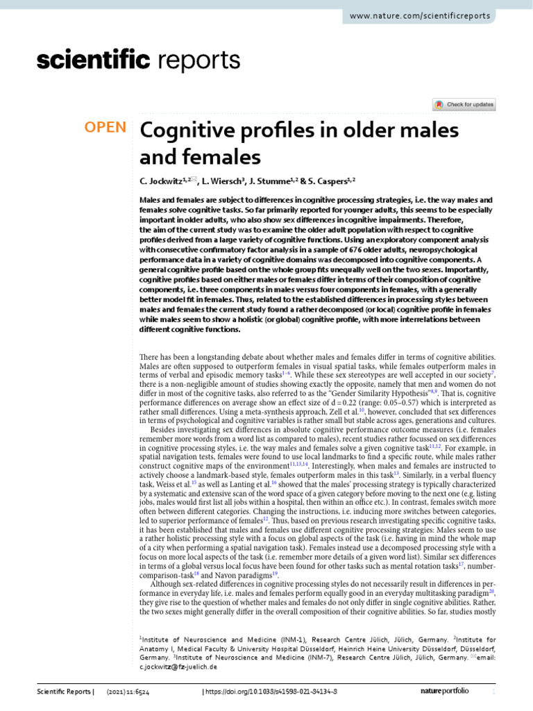 Lectura - Cognitive Profiles in Older Males and Females | PDF | Cognition | Neuroscience