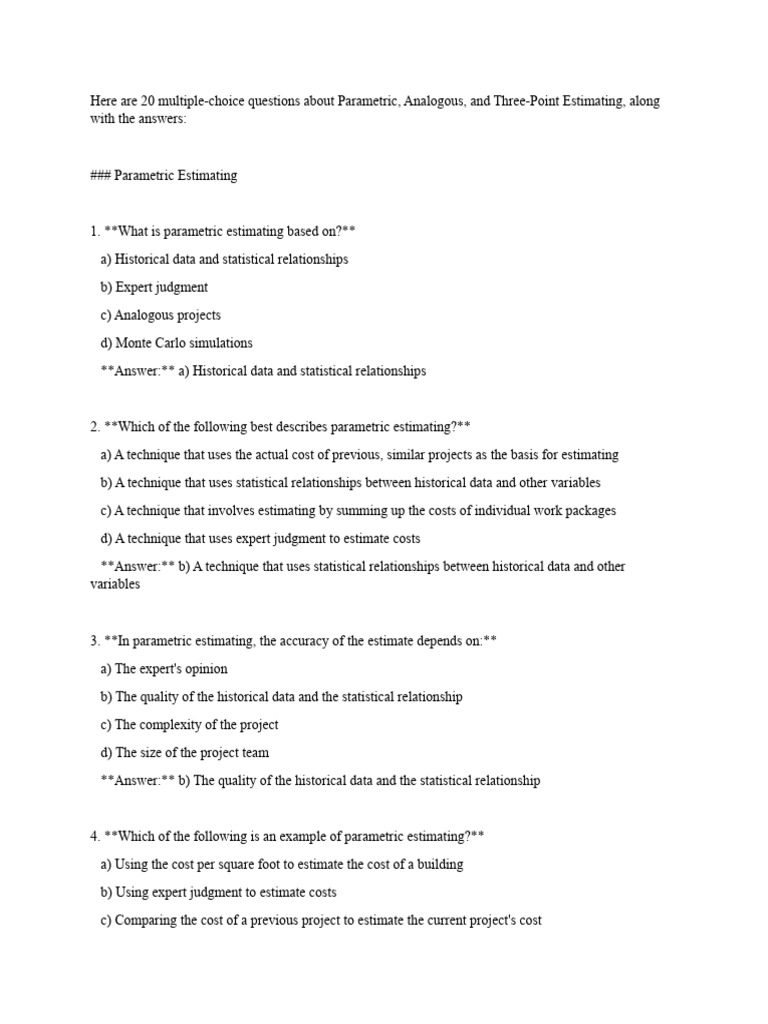 Parametric - Analogous - Three-Point Estimating - P1 - Practice Test ... Parametric - Analogous - Three-Point Estimating - P1 - Practice Test ...