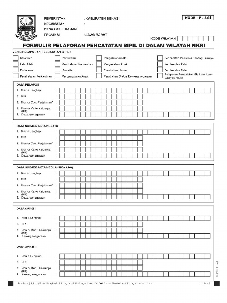 Formulir Pelaporan Pencatatan Sipil (F-2.01) | PDF