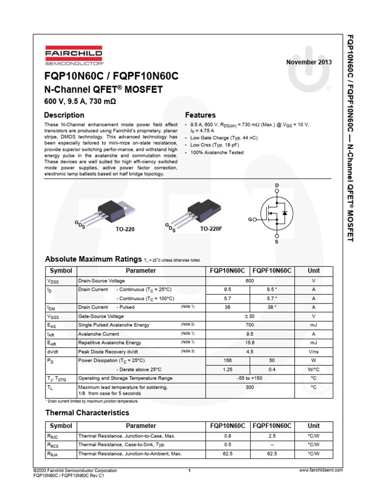 FQP10N60C FairchildSemiconductor | PDF | Field Effect Transistor | Mosfet
