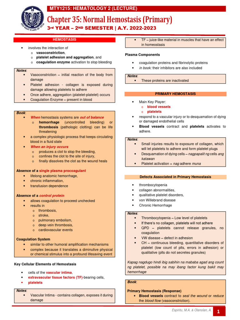 Hema 1 Primary Hemostasis | PDF | Coagulation | Platelet