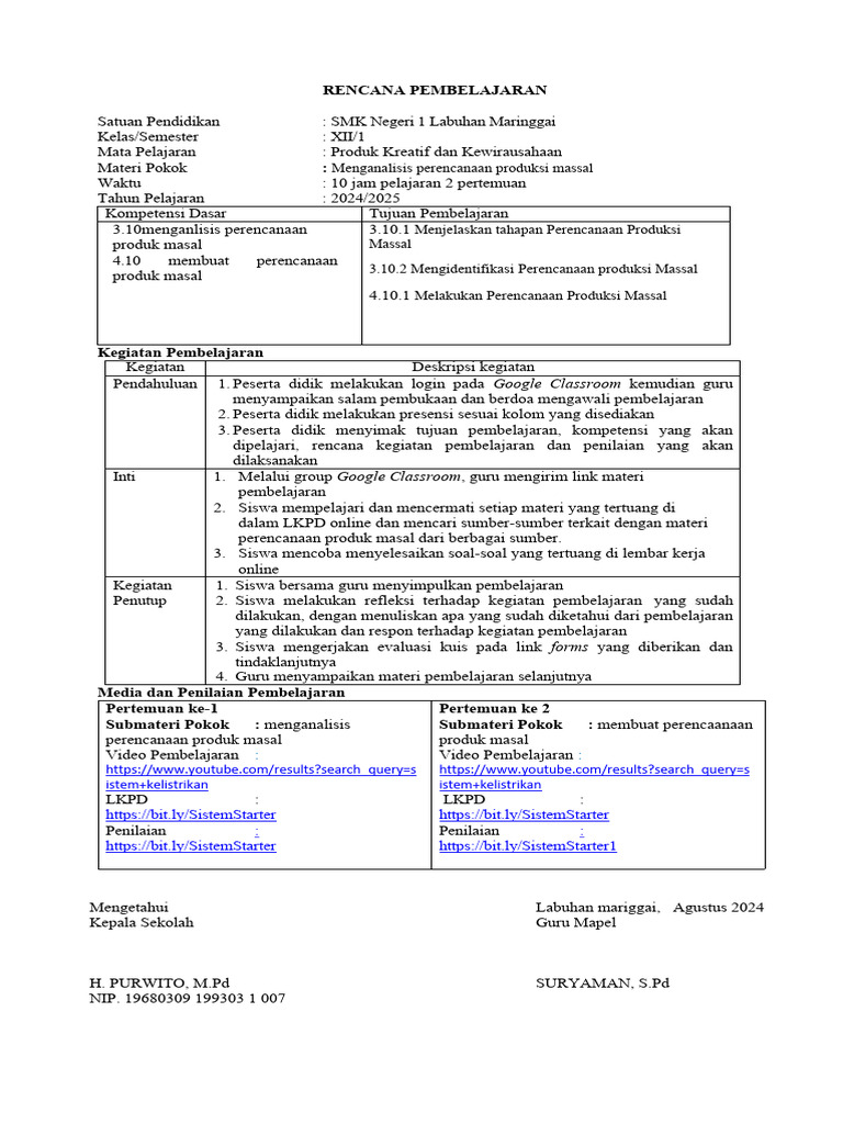 RPP Produk Kreatif Dan Kewirausahaan 1 Tahun | PDF | Karier & Perkembangan