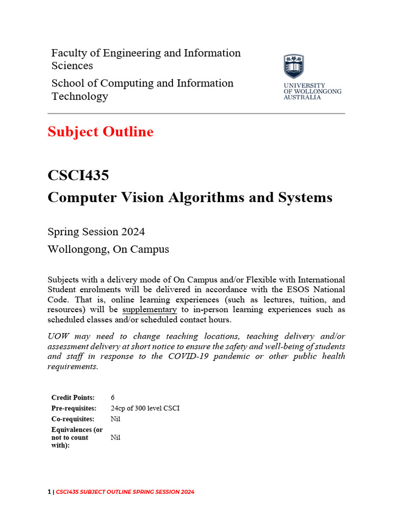 CSCI435 Subject Outline Spring 2024 | PDF | Educational Technology | Computer Vision