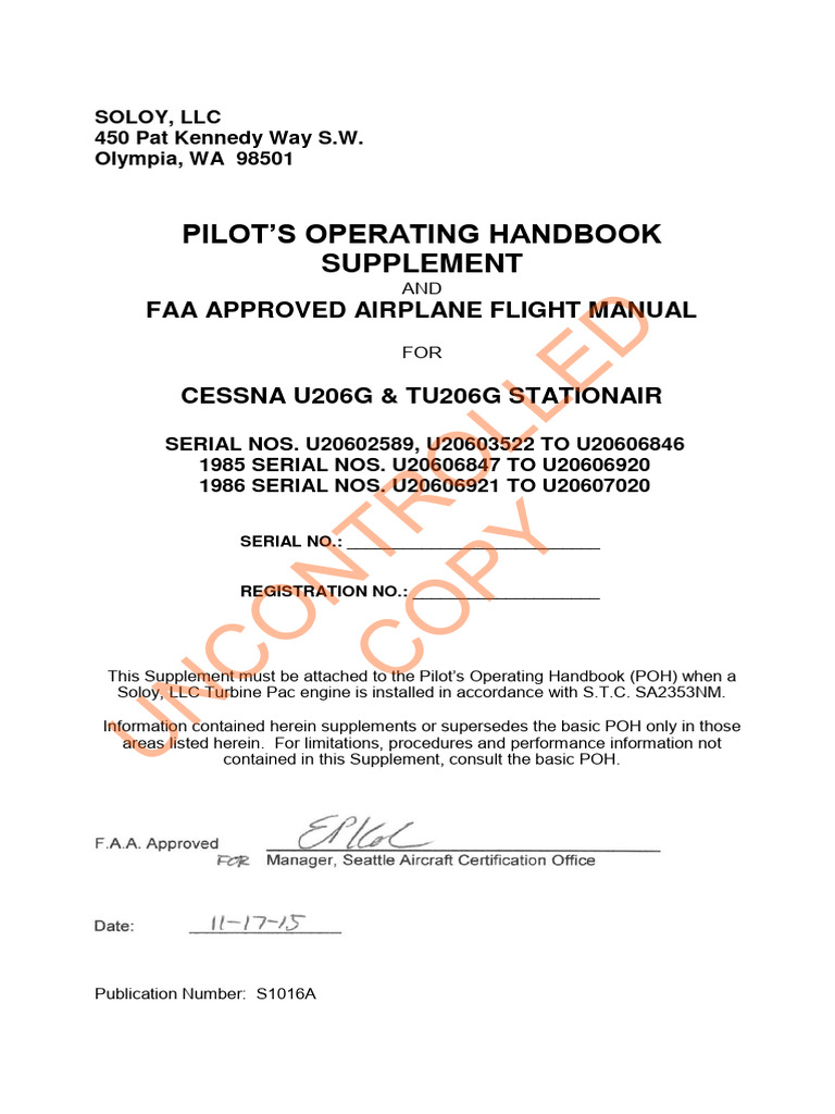 PILOT OPERATING HANDBOOK CESSNA U206G - Stationair (POH) Soloy, LLC Turbine Pac Engine | PDF ...
