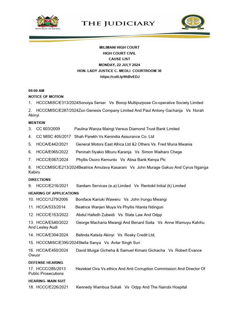 High Court Cause List - 22 July 2024 | PDF | Judiciaries
