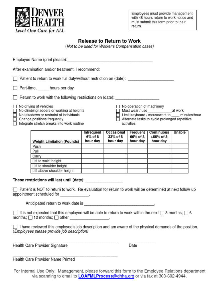 Employee Return to Work Form | PDF | Medicine | Health Care