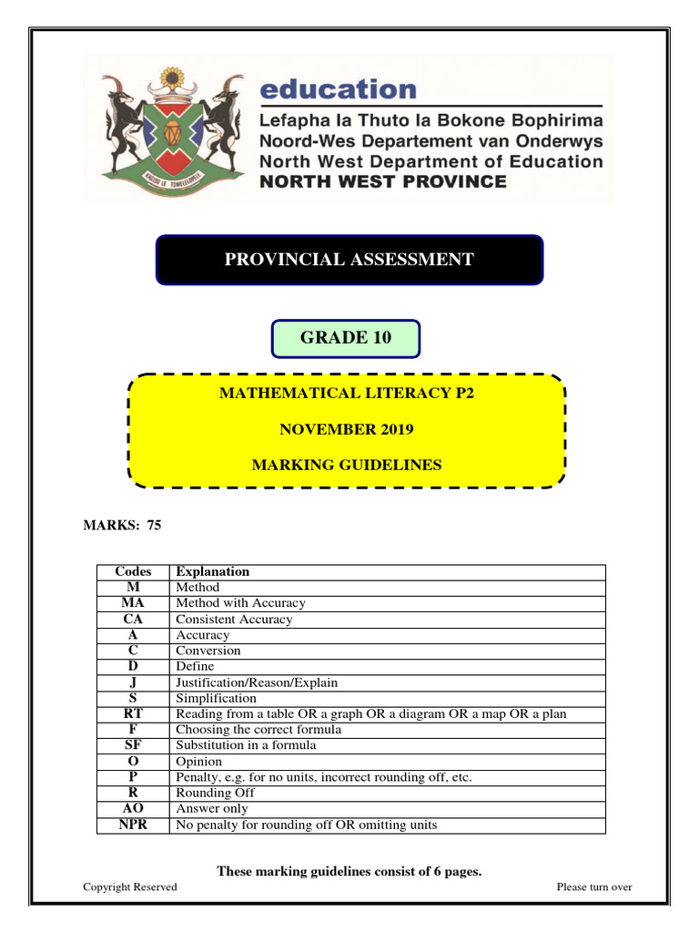 NW NSC GR 10 Maths Lit P2 Eng Memo Nov 2019 | PDF | Mathematics ...