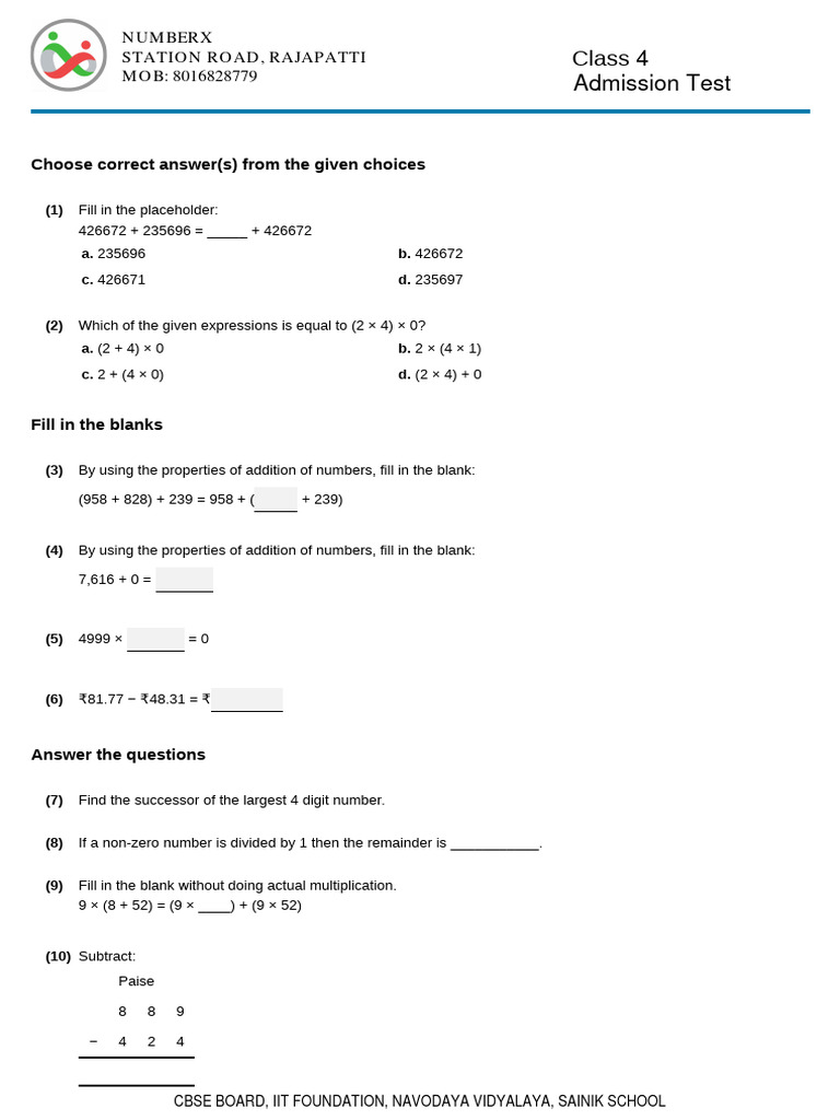 Admission Test For 4th Class CBSE | PDF