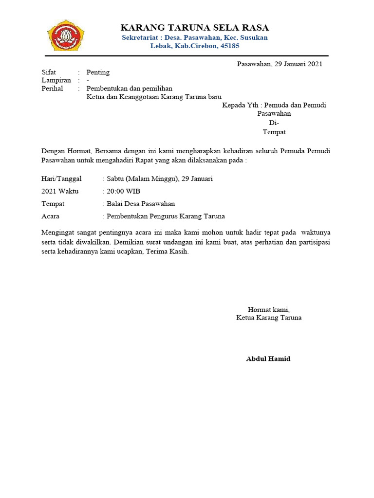 Surat Undangan Krngtaruna Sela Rasa | PDF