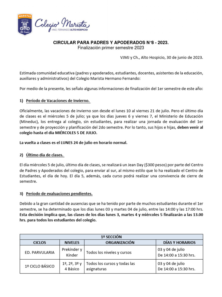 2023.09.circular Padres y Apoderados - 30 de Junio de 2023 - Fin Primer Semestre | PDF ...