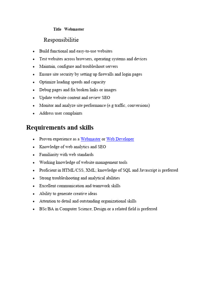 Webmaster Role | PDF | Career & Growth