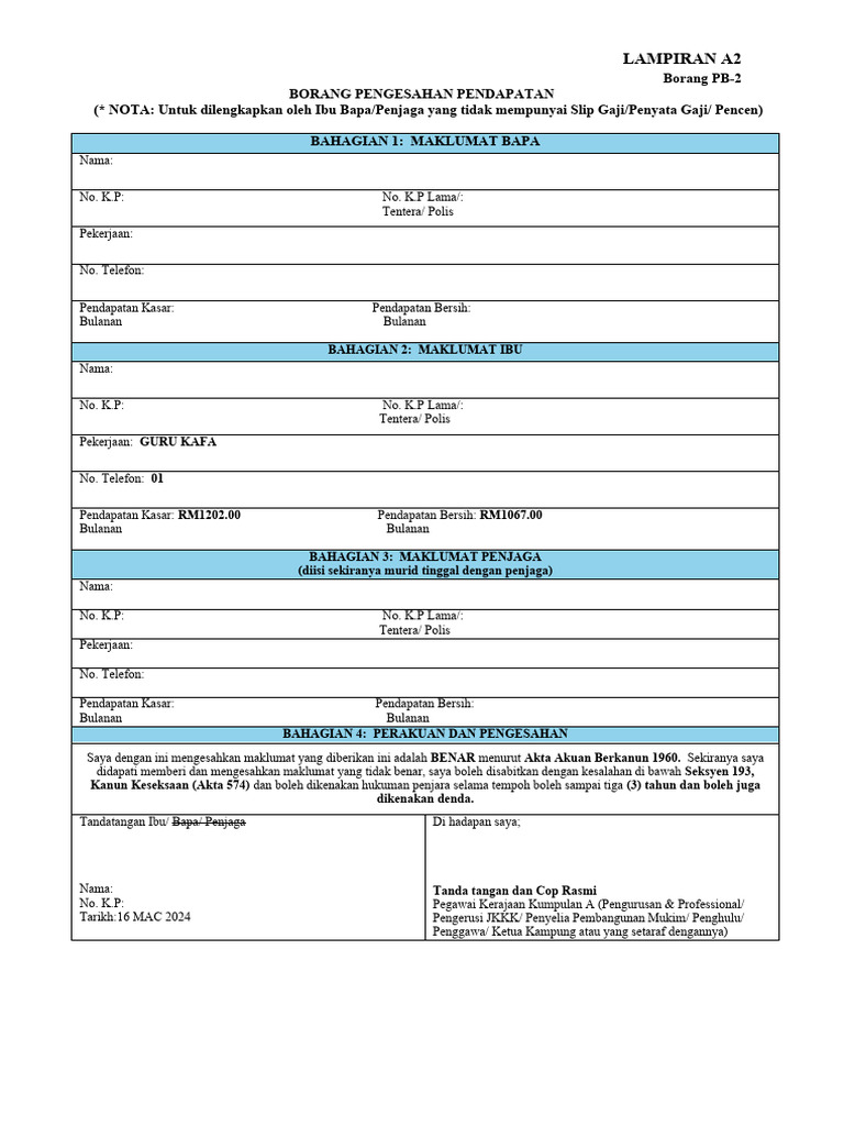 Lampiran A2 Borang PB-2 BS Borang Pengesahan Pendapatan | PDF