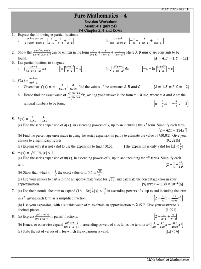 Pure Mathematics - 4: Revision Worksheet Month-01 (July 24) P4 Chapter 2, 4 and Ex-6E | PDF ...
