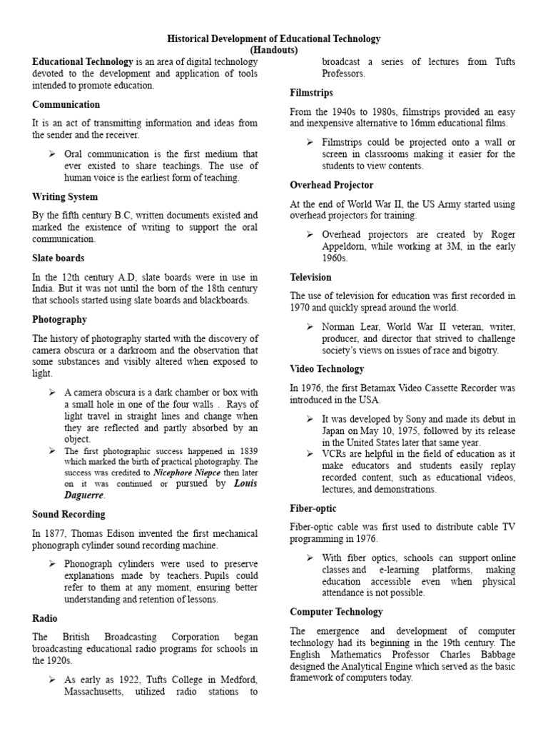 Historical-Development-of-Educational-Technology-handouts | PDF | Educational Technology ...